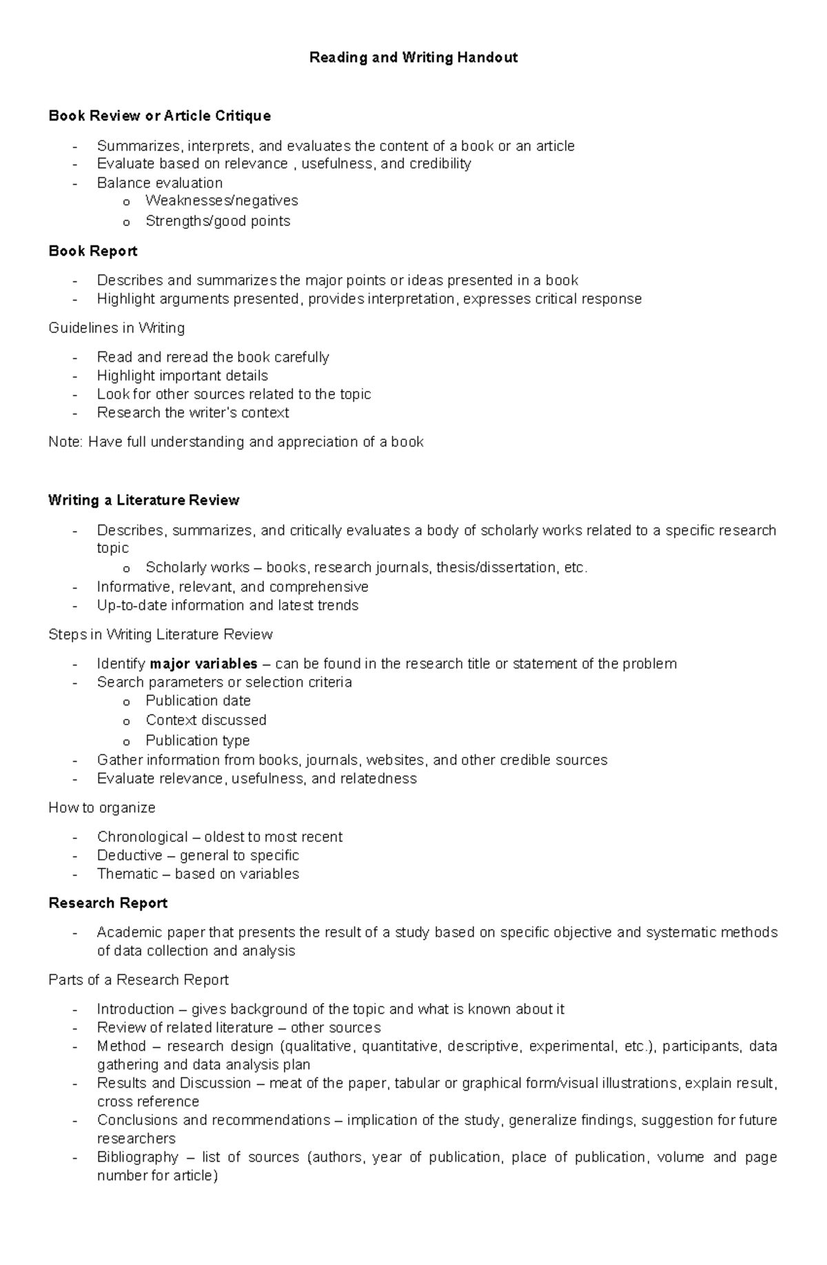 Q4 Reading and Writing Handout: Evaluating Literature and Proposals ...