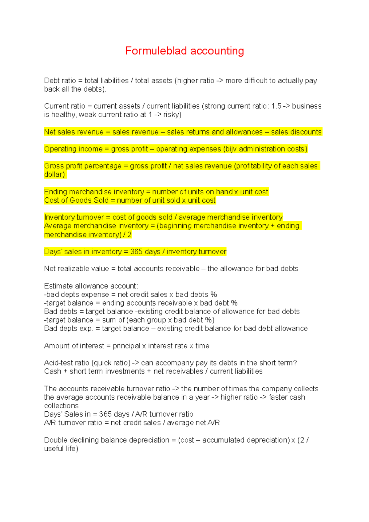 Formuleblad - Formulas for Toets Accounting Concepts - Studeersnel