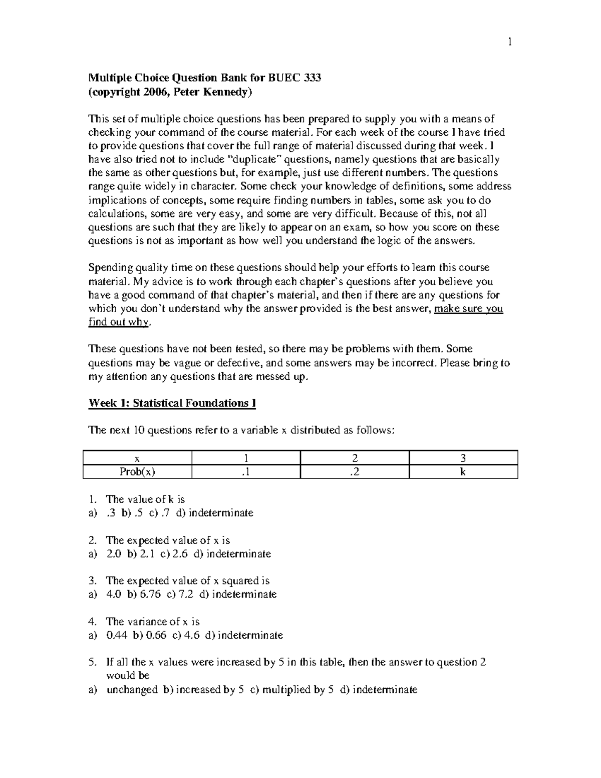 MCQs Econometrics - practice questions - Multiple Choice Question Bank for BUEC 333 (copyright ...