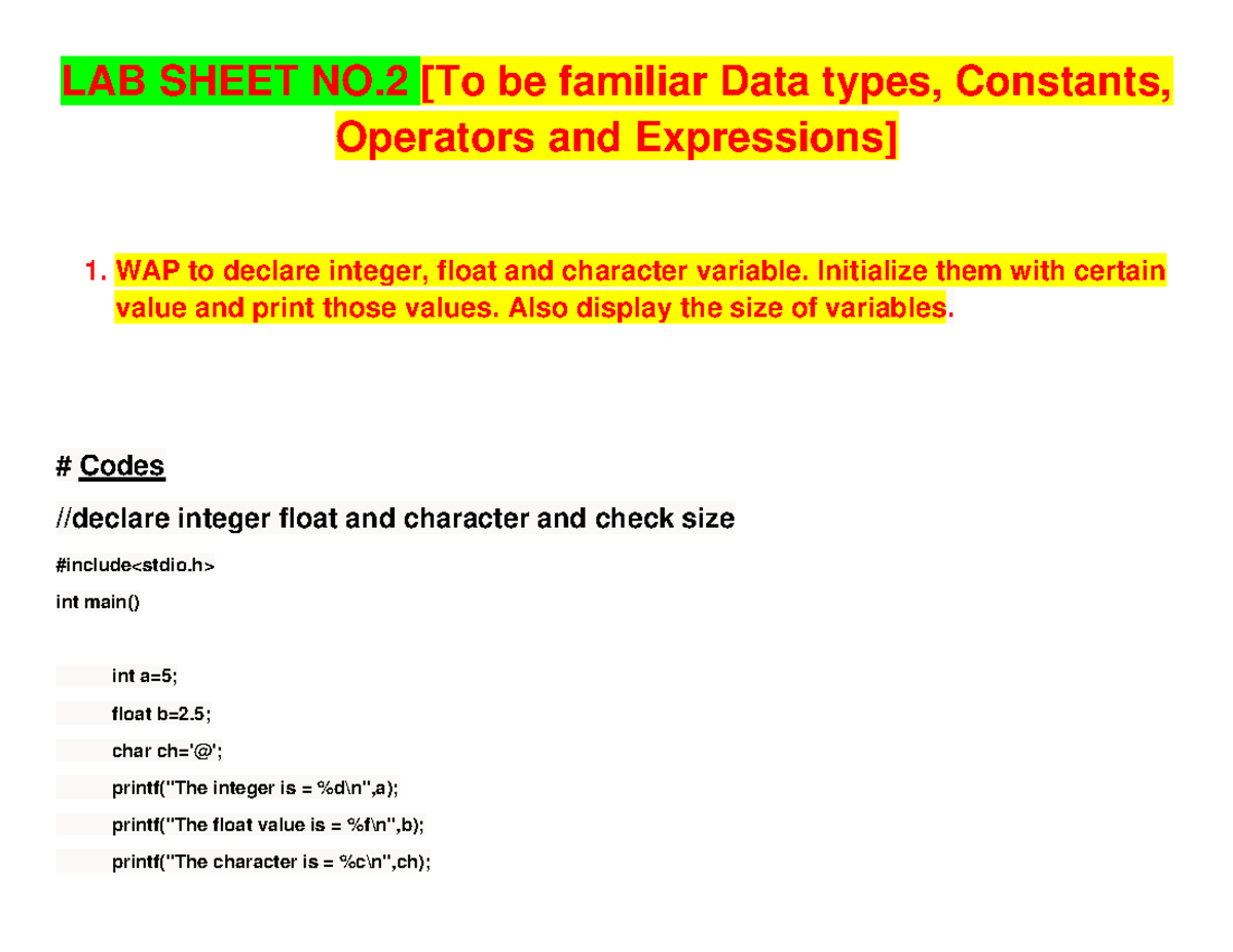 Lab Sheet 2: Data Types, Operators & WAP Examples - FVDVF - Studocu