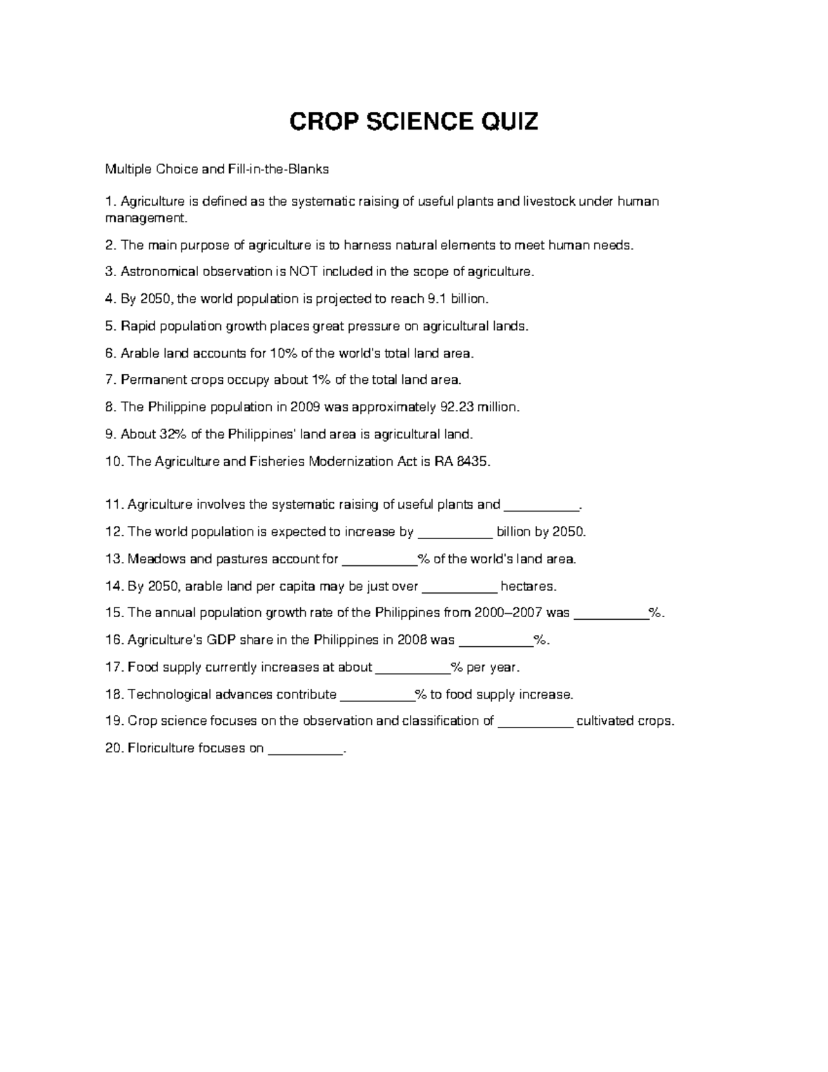 CROP SCIENCE QUIZ: MCQs on Agriculture and Population Trends - Studocu