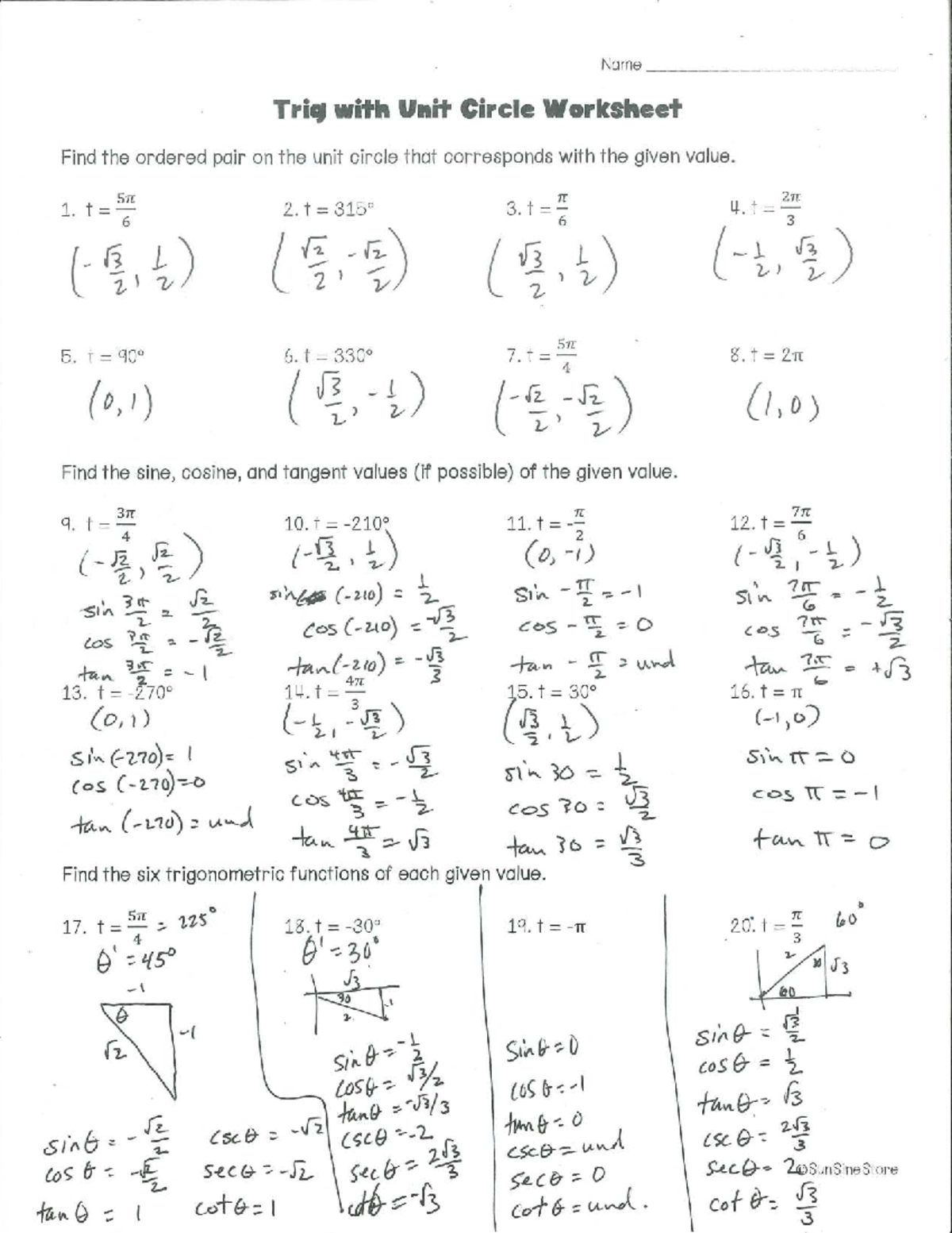 4.2 Trig Unit Circle Practice Worksheet: Finding Values - Studocu