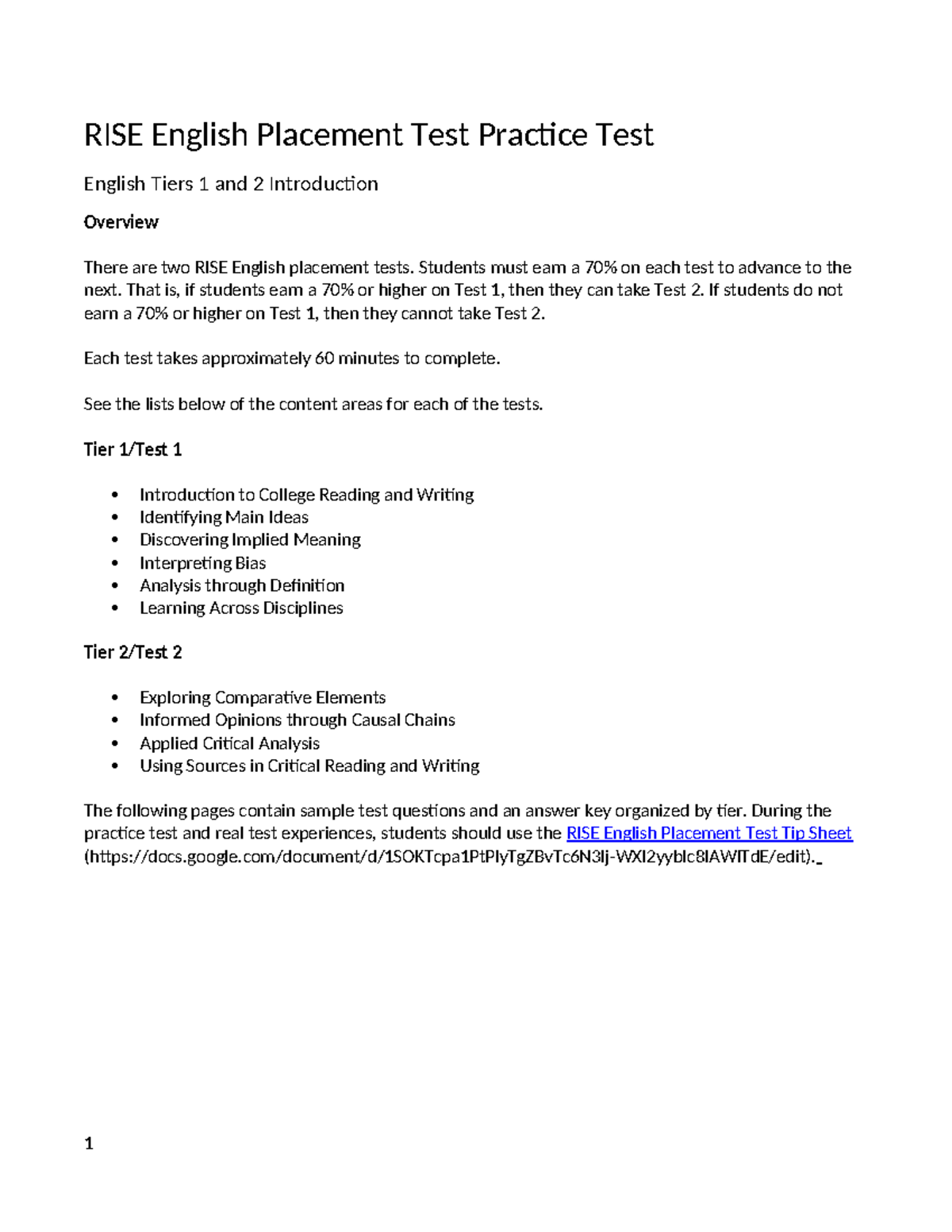 RISE English Placement Test Prep: Tier 1 Practice Questions - Studocu