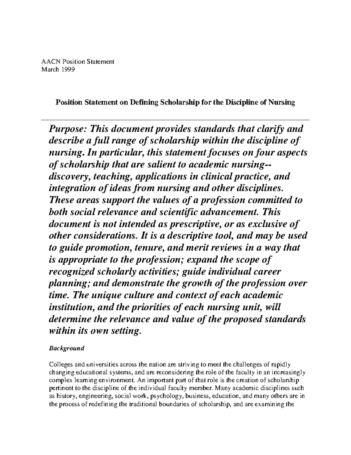 AACN Position Statement on Defining Nursing Scholarship Standards - Studocu