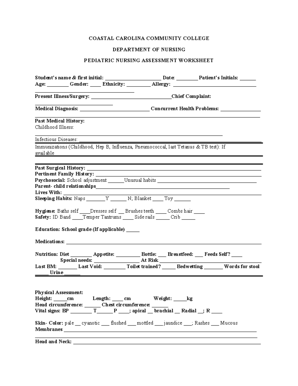 Pediatric assessment clinical sheet (4) - COASTAL CAROLINA COMMUNITY ...