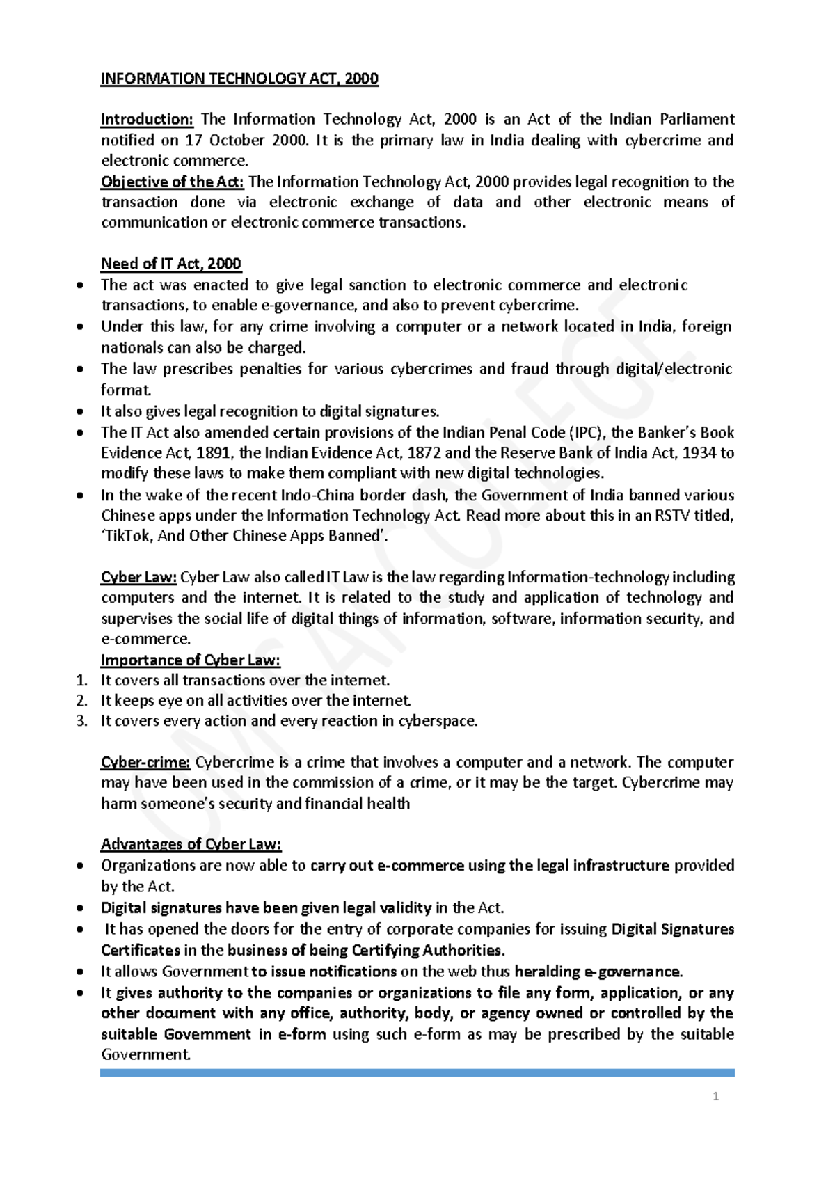 IT Act 2000: Comprehensive Notes on Cyber Law and Digital Signatures ...
