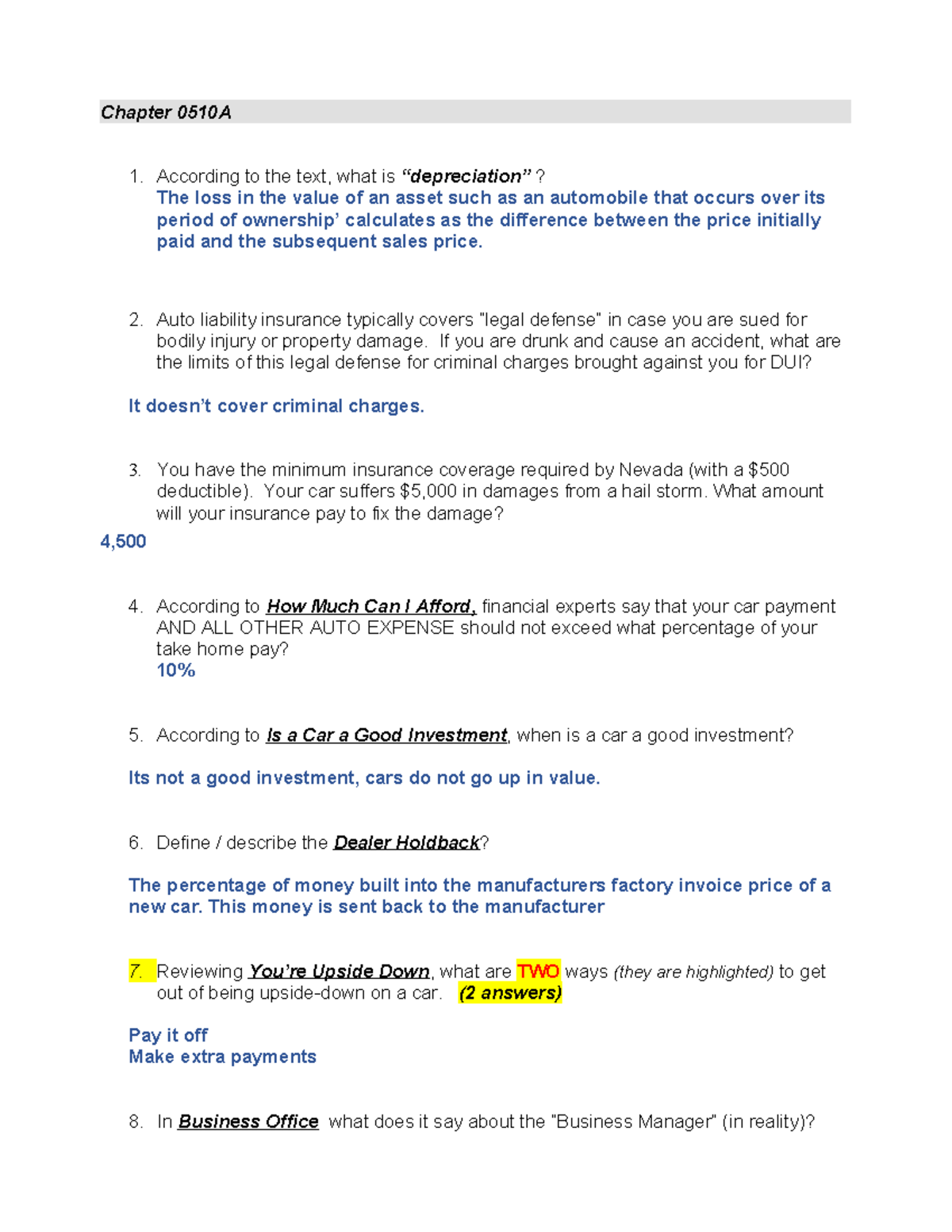 Chapter 0510A: Key Concepts in Auto Insurance and Car Buying - Studocu