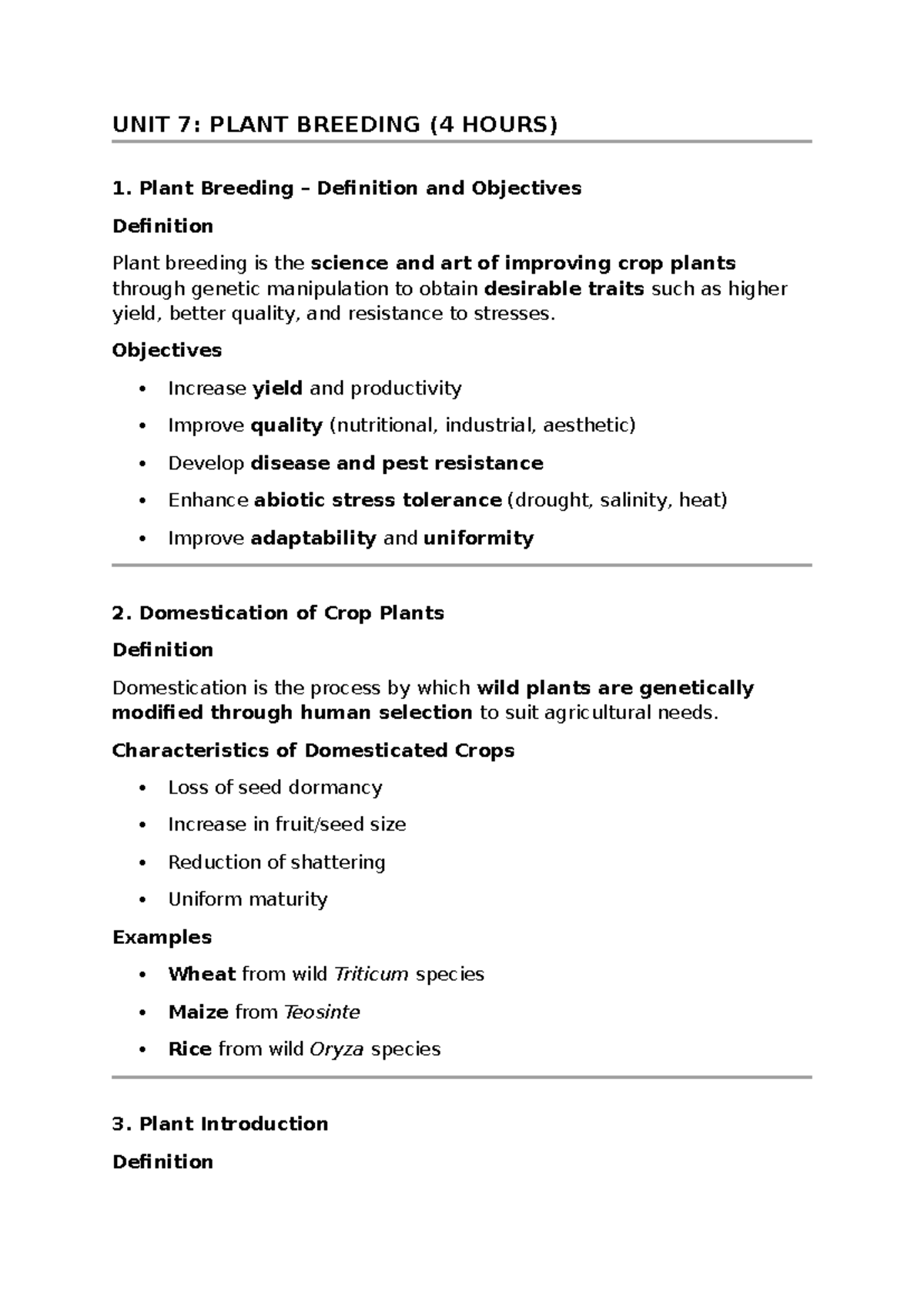 Unit 7: Plant Breeding - Lecture Notes for Theory Exam (4 Hours) - Studocu