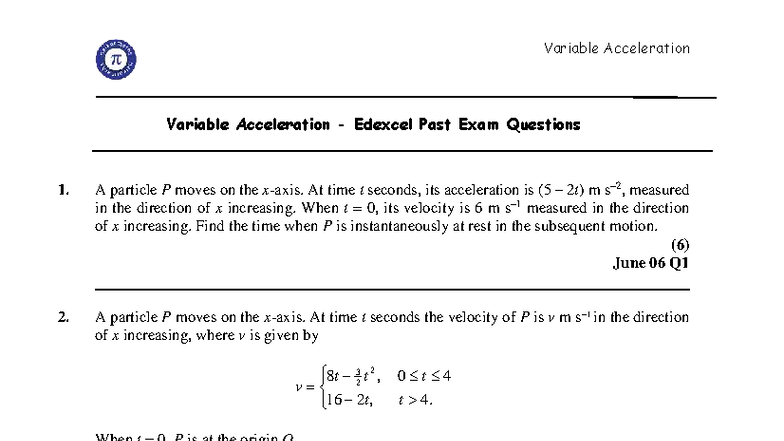 Variable Acceleration Edexcel Past Exam Questions and Solutions - Studocu