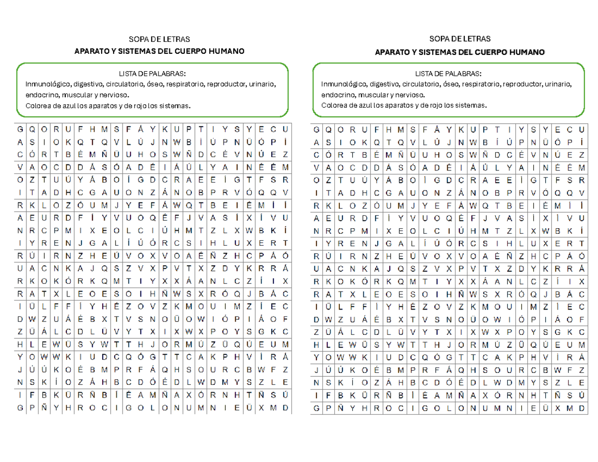 SOPA DE Letras Cuerpo Humano - SOPA DE LETRAS APARATO Y SISTEMAS DEL ...