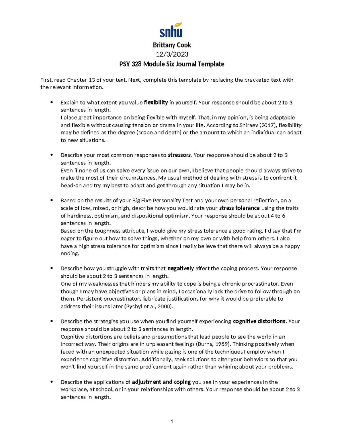 PSY 328 Module Six Journal Reflection on Flexibility and Coping ...