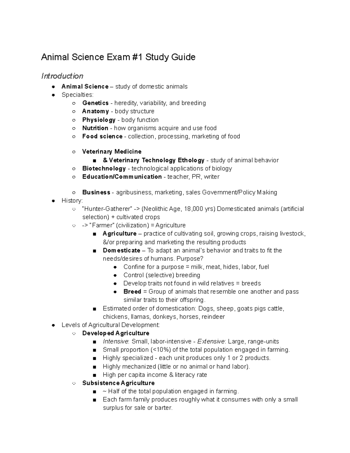 Exam 1 Study Guide - Animal Science Exam #1 Study Guide Introduction ...