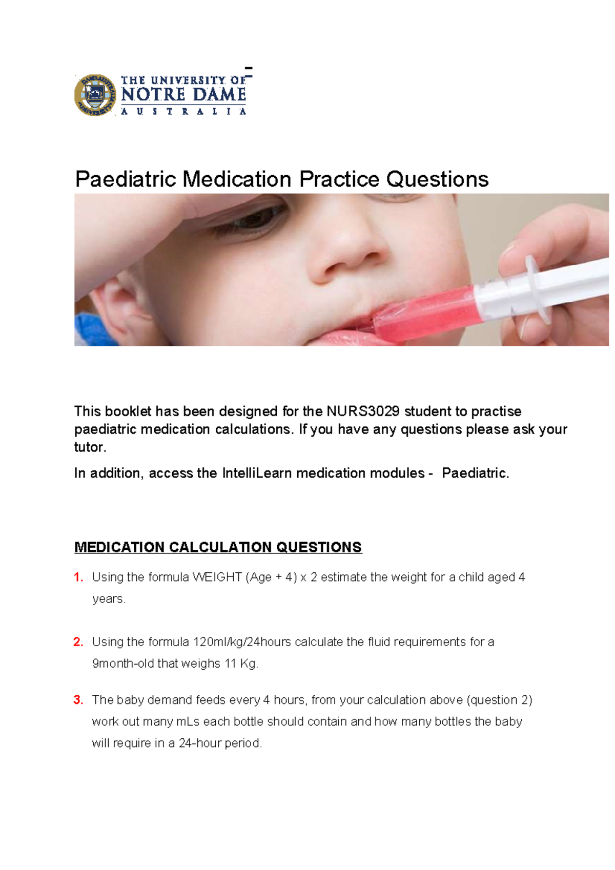 NURS3029 Paediatric Medication Practice Calculation Questions - Studocu