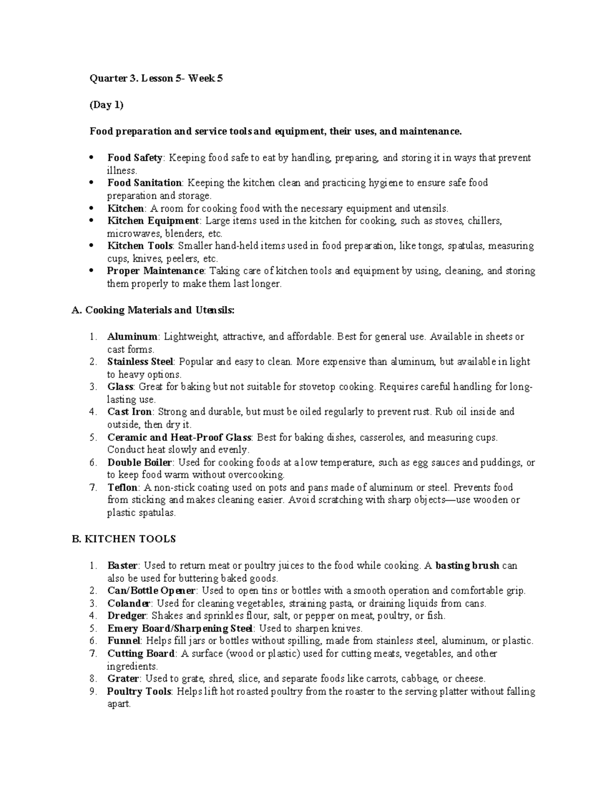 Q3 Final Exam Lecture Week 5: Kitchen Tools & Equipment Overview - Studocu