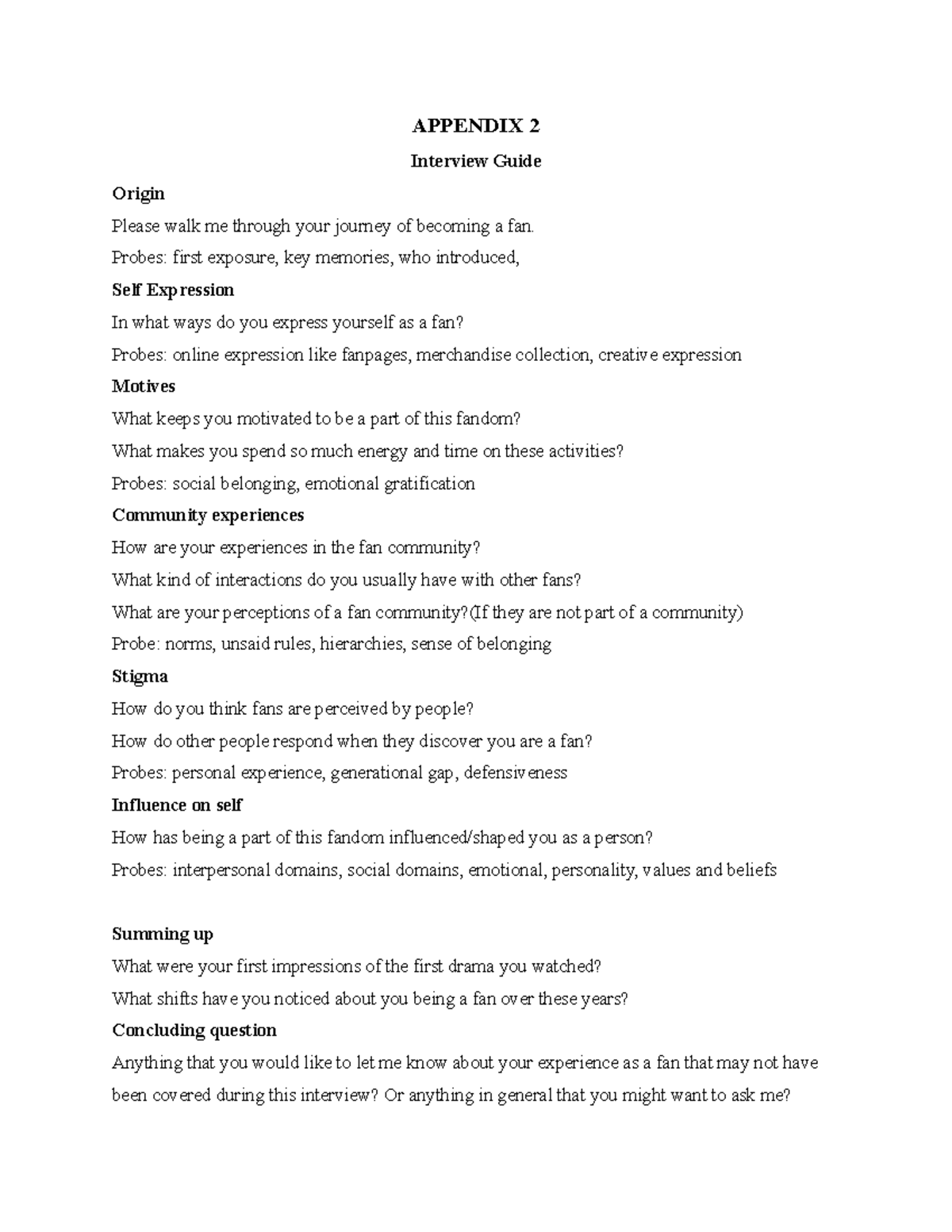 APPENDIX 2: Interview Guide on Fandom Experiences and Identity - Studocu