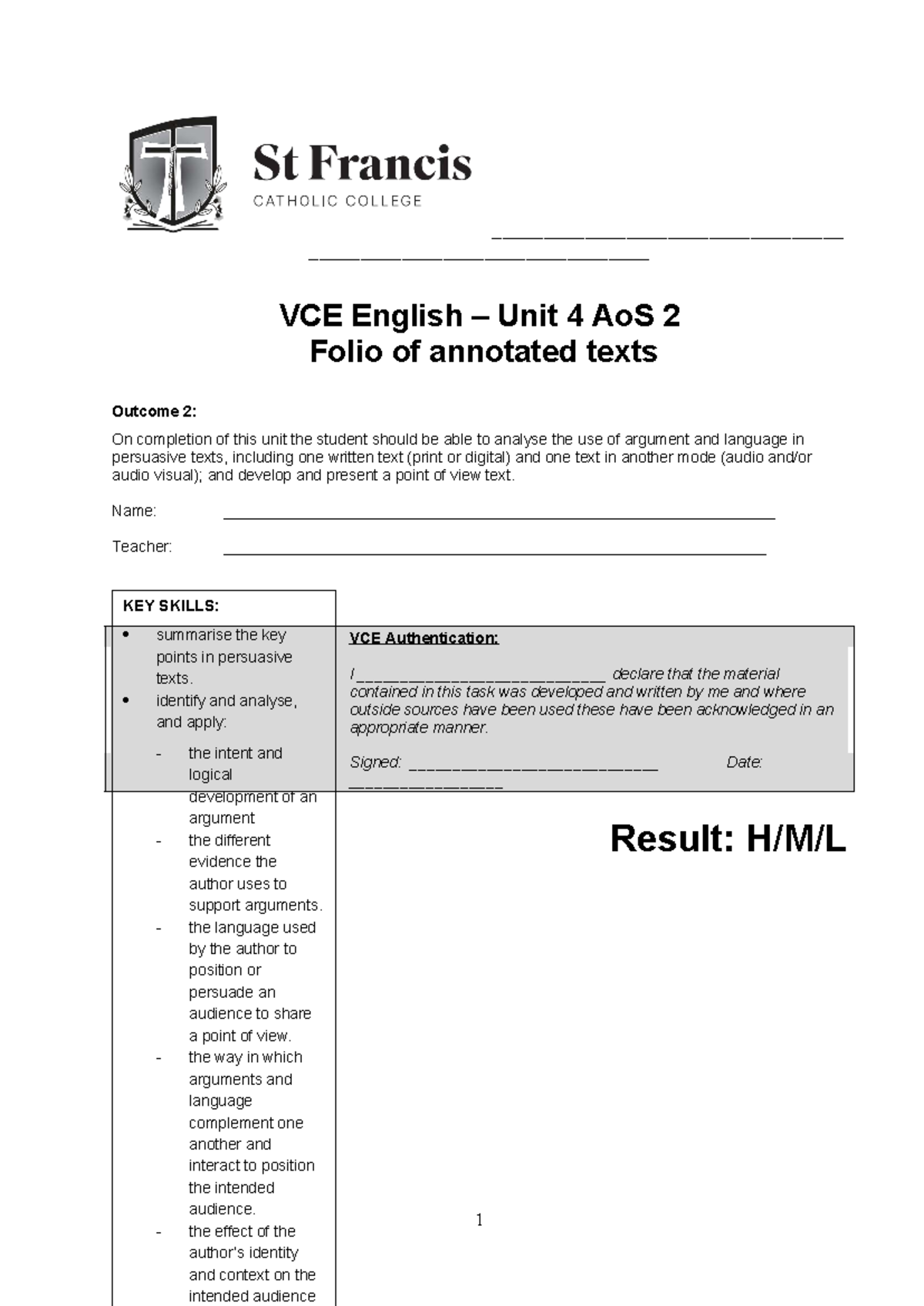 12ENG VCE English Unit 4 AoS 2: Analysing Argument Folio 2025 - Studocu