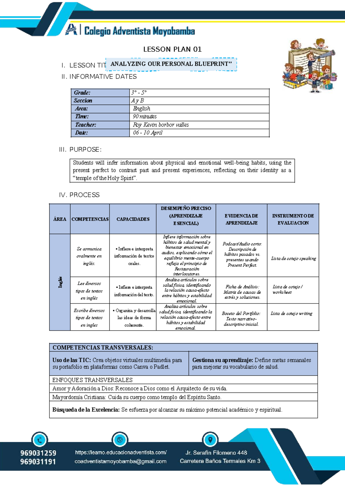 LESSON PLAN 01: ANALYZING PERSONAL BLUEPRINT IN ENGLISH - Studocu