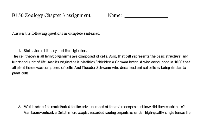 B150 Zoology Chapter 3 Assignment: Cell Theory & Organelles - Studocu
