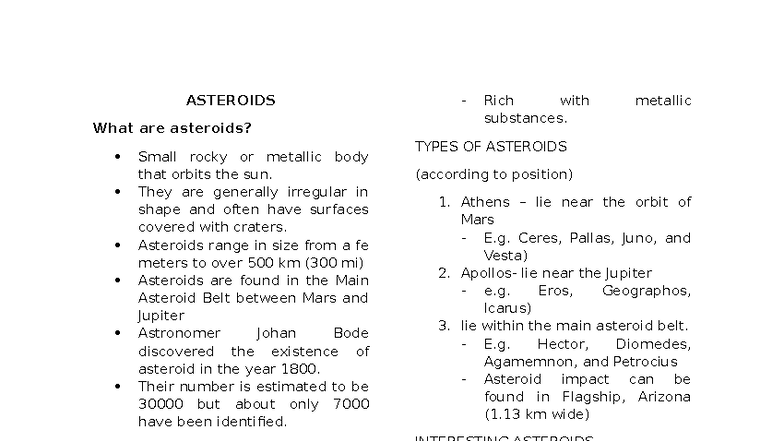 ASTR 101: Asteroids, Comets, and Meteors Overview Notes - Studocu