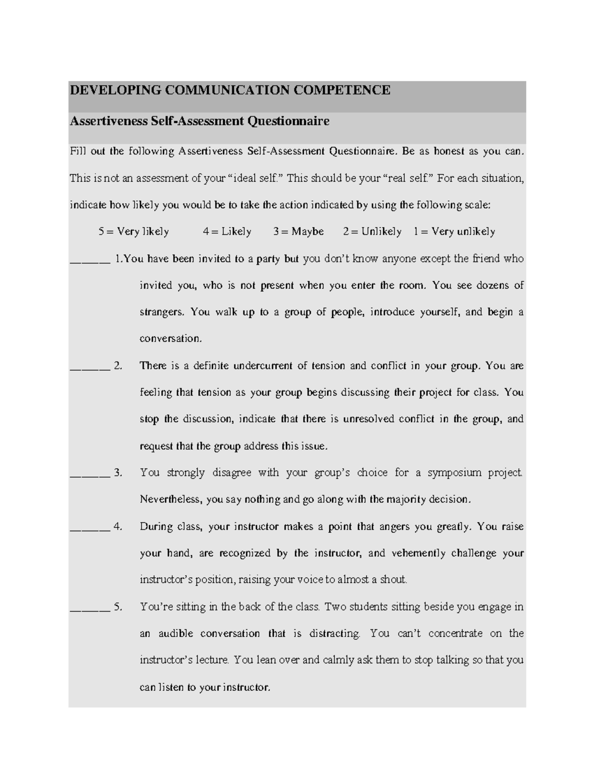 Assertiveness Self-Assessment Questionnaire: Developing Communication ...