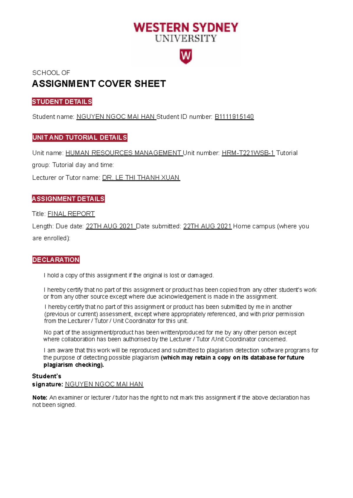 Individual Assignment Cover Sheet WSU - SCHOOL OF ASSIGNMENT COVER ...