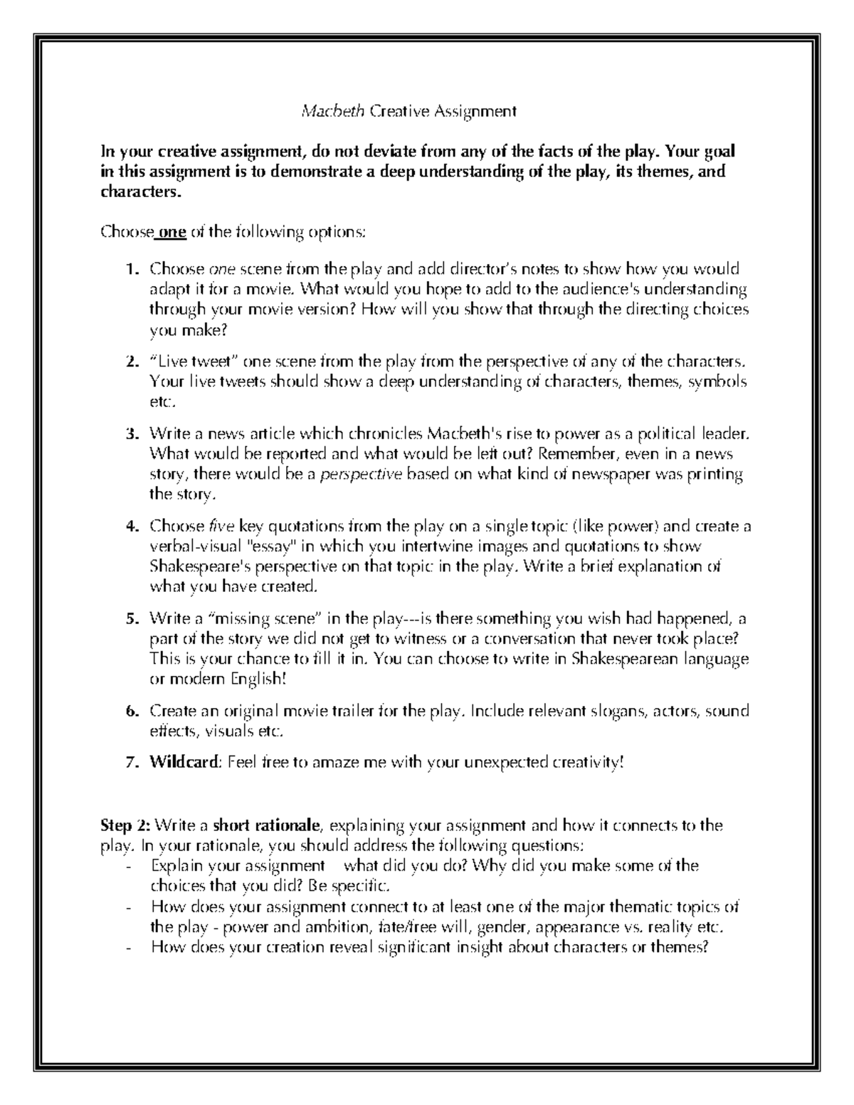 Macbeth (ENG 201) Creative Final Assignment Overview and Guidelines ...