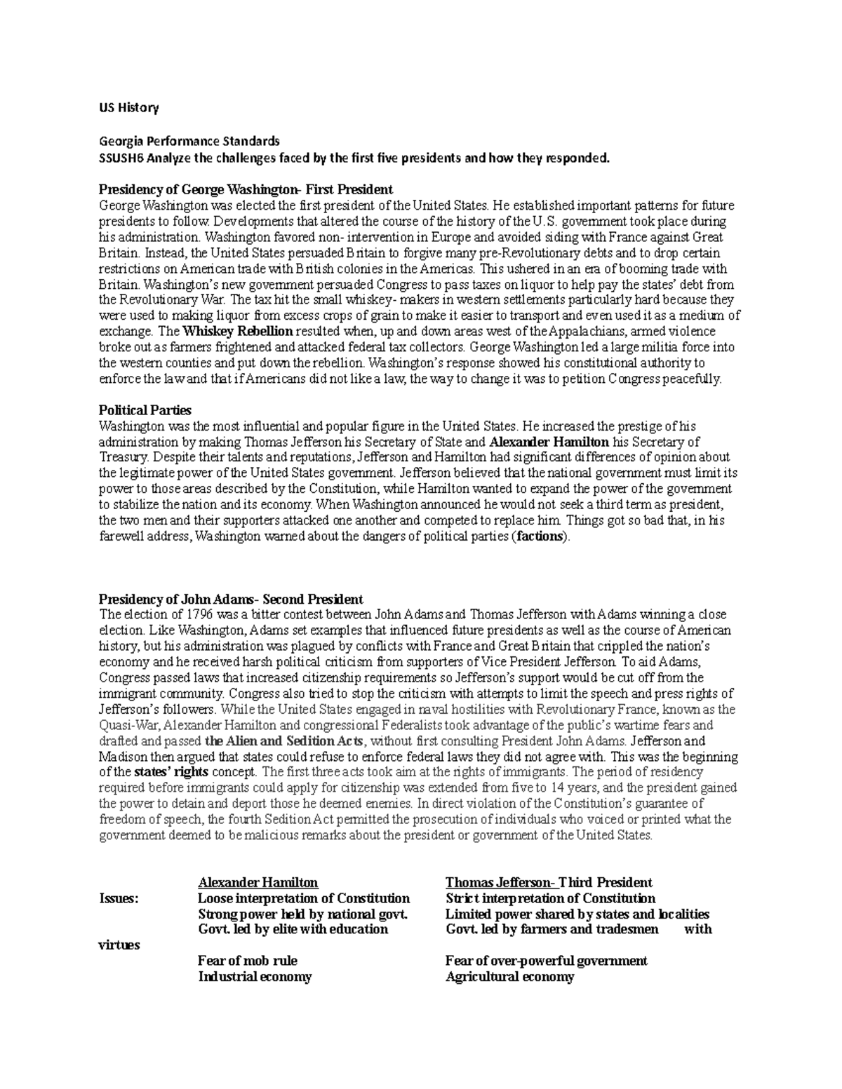 SSUSH6 The First Five U.S. Presidents: Challenges and Responses - Studocu