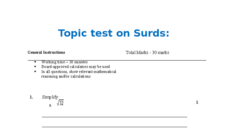 Surds Topic Test: General Instructions & Questions (30 Marks) - Studocu