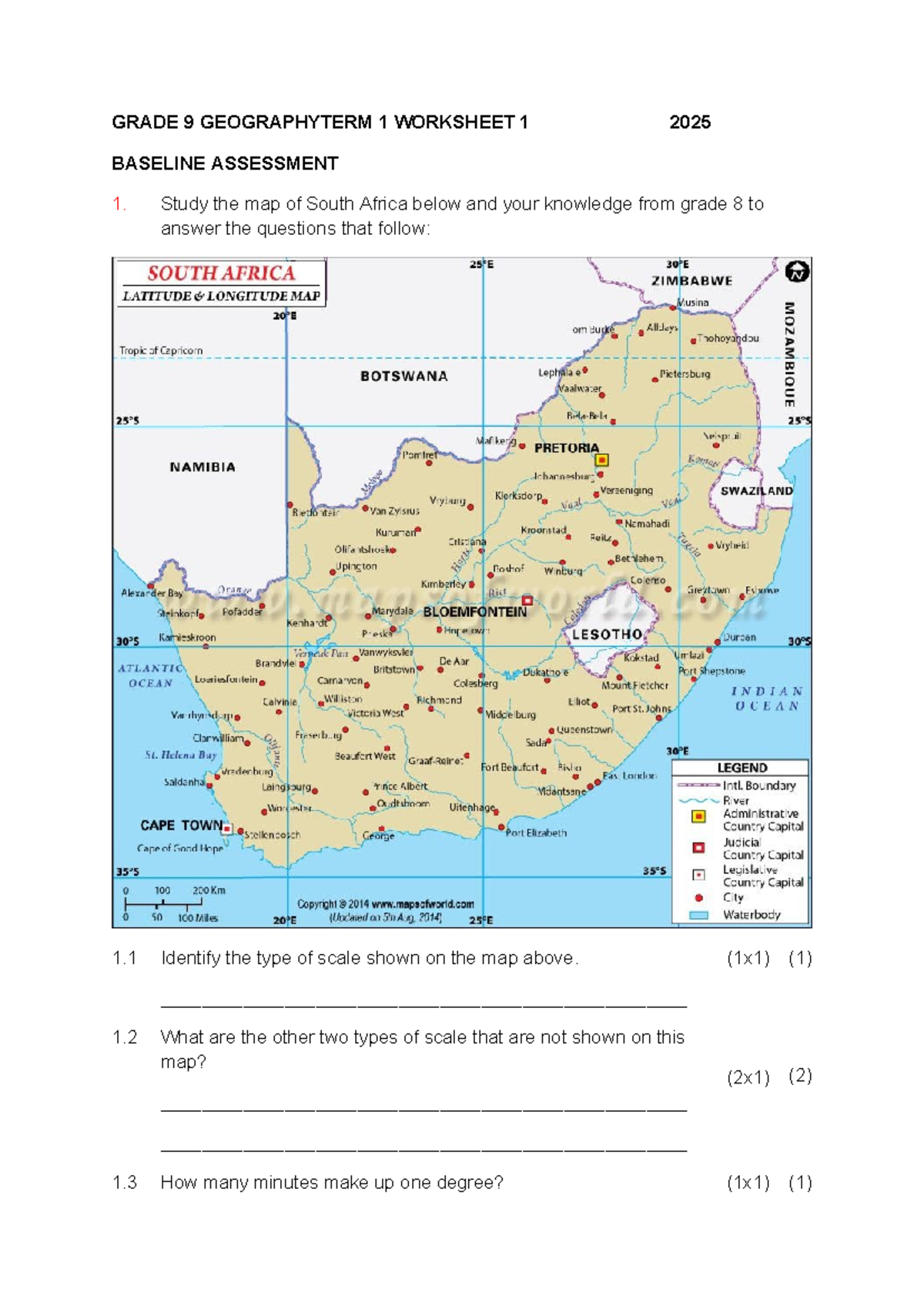 2025 GRADE 9 GEOGRAPHY TERM 1 WORKSHEET 1: BASELINE ASSESSMENT - Studocu