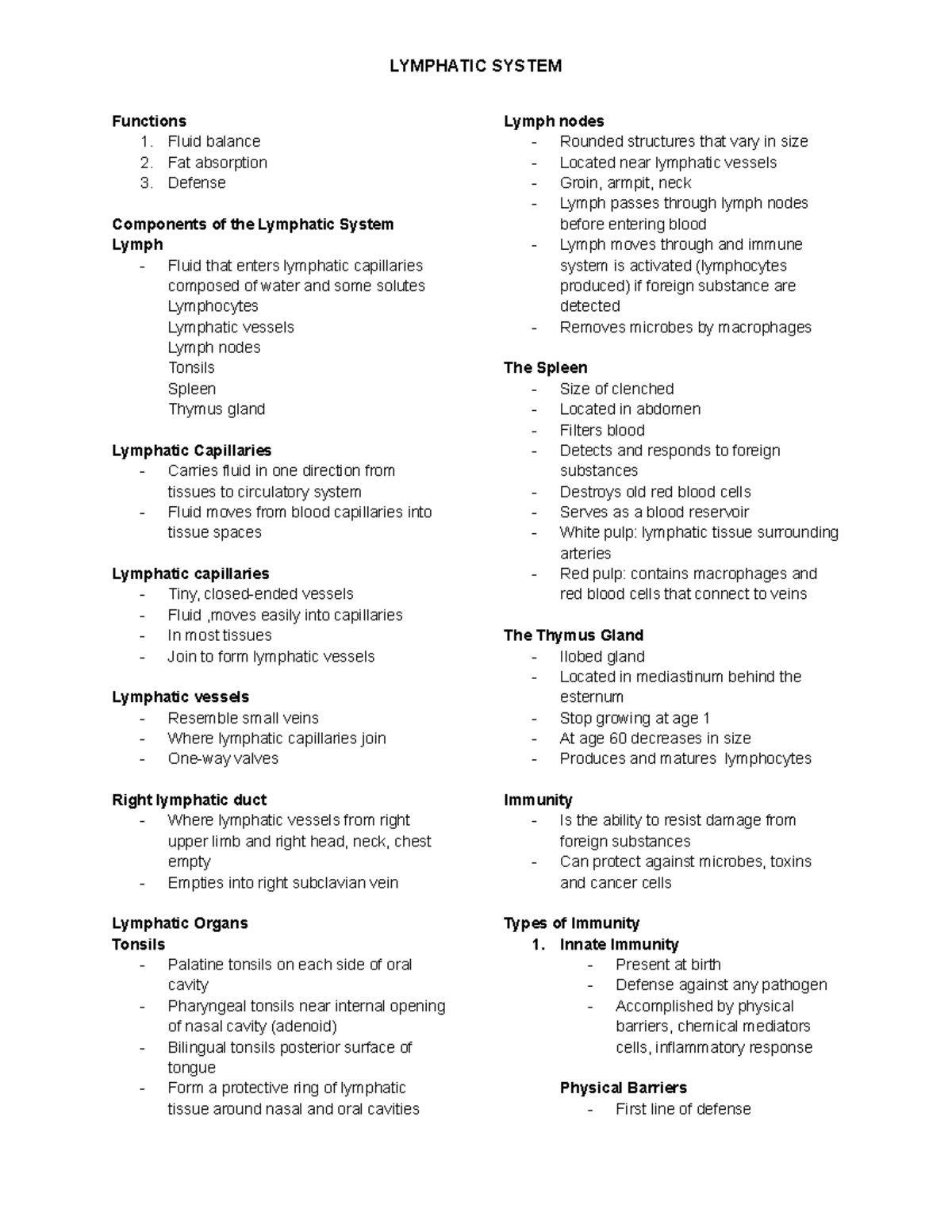 Lymphatic System Overview: Functions, Components, and Immunity - Studocu