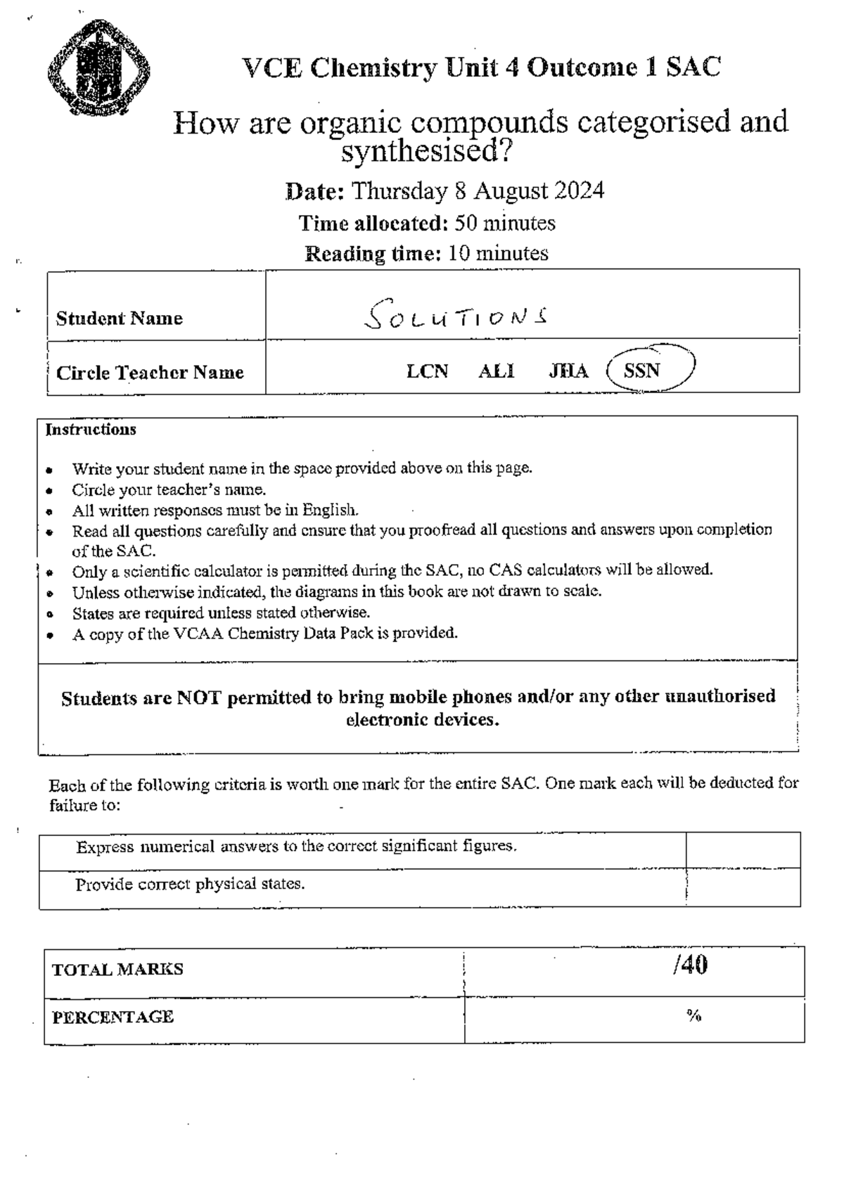 2024 VCE Chemistry Unit 4 Outcome 1 SAC Solutions: Organic Compounds ...