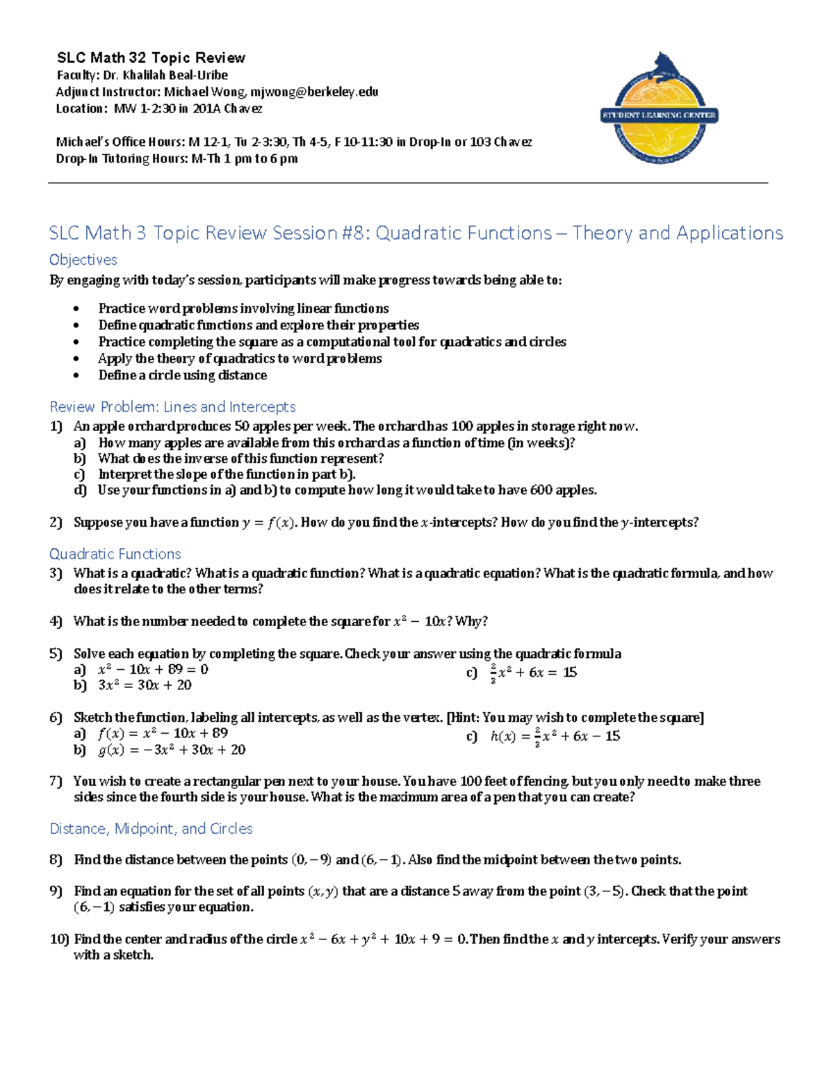 SLC Math 3 Final Exam Review: Quadratic Functions & Applications - Studocu