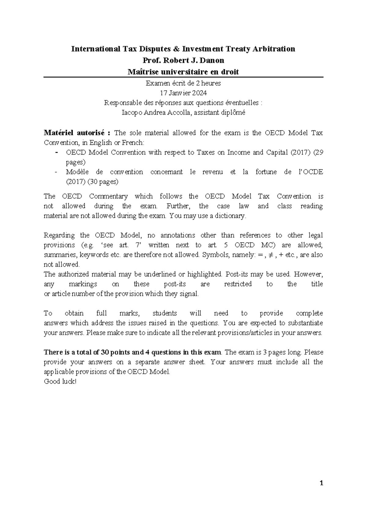 Exam 2024 - International Tax Disputes & Investment Treaty Arbitration ...