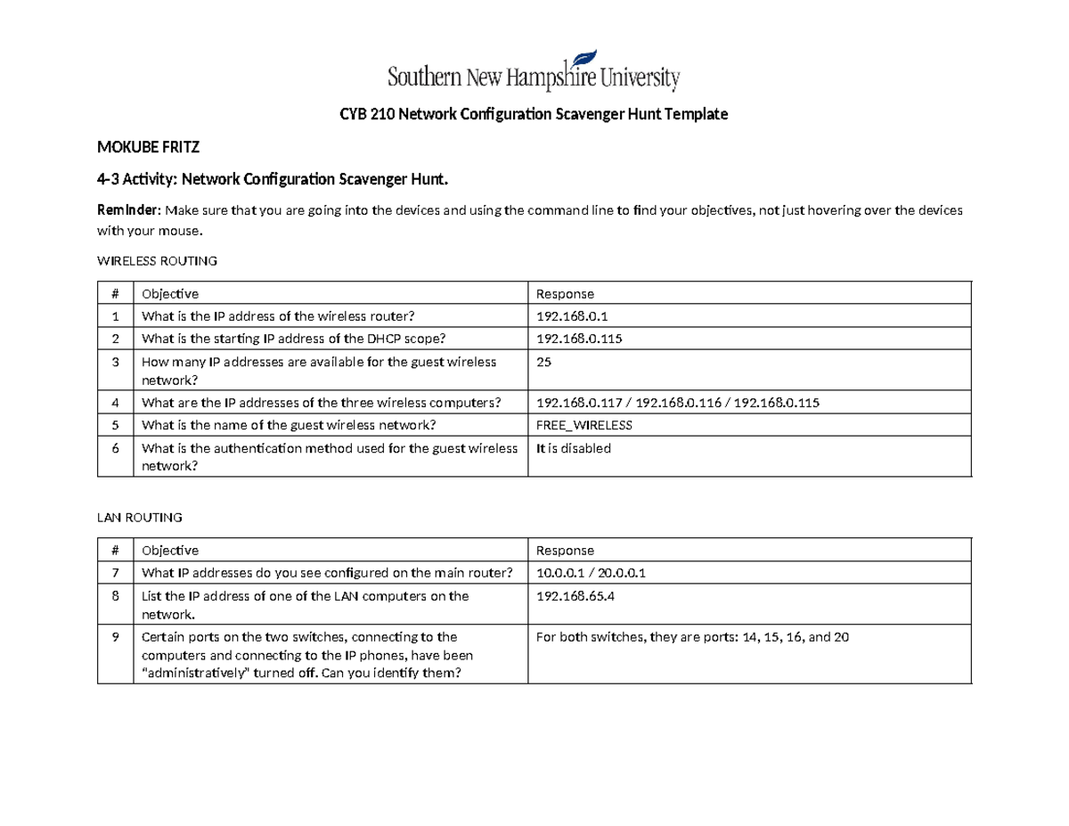 CYB 210 4-3 Activity: Network Configuration Scavenger Hunt Guide - Studocu