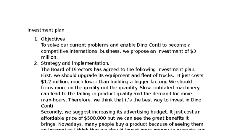 Investment Plan - Lecture Notes on Strategies for Dino Conti - Studocu