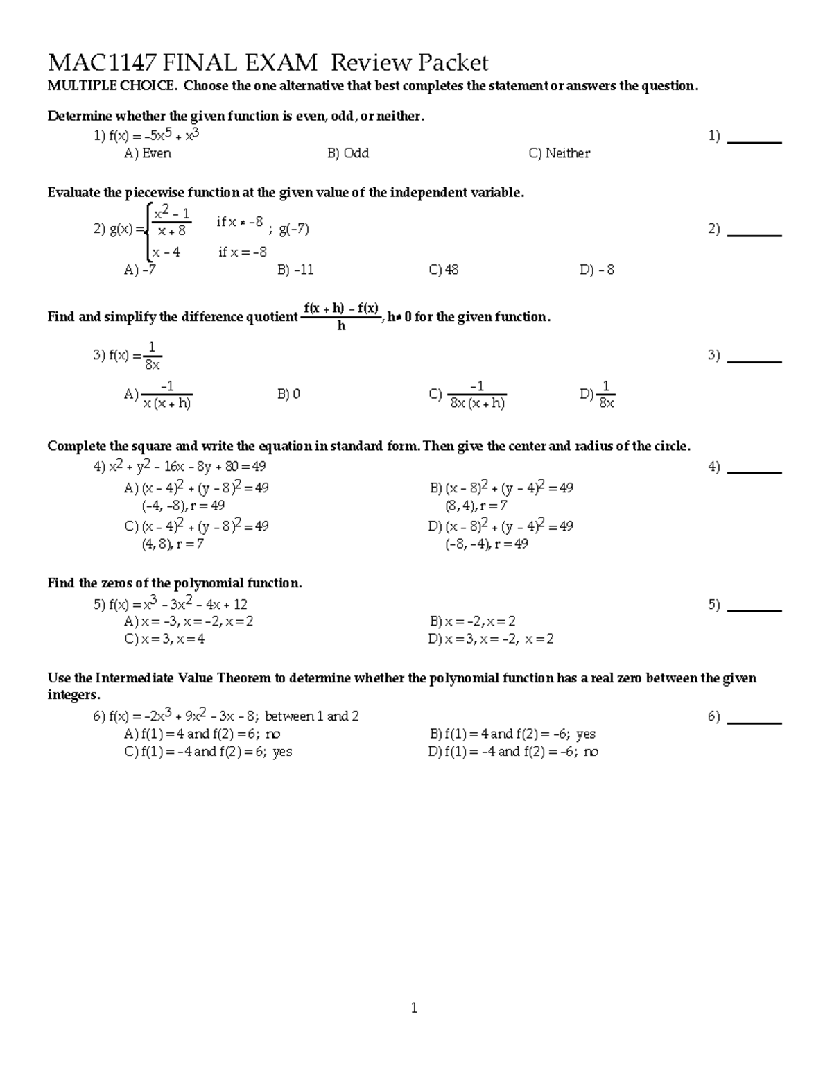CA MAC1147 Final Exam Review: Trigonometry and Pre-Calculus Concepts ...
