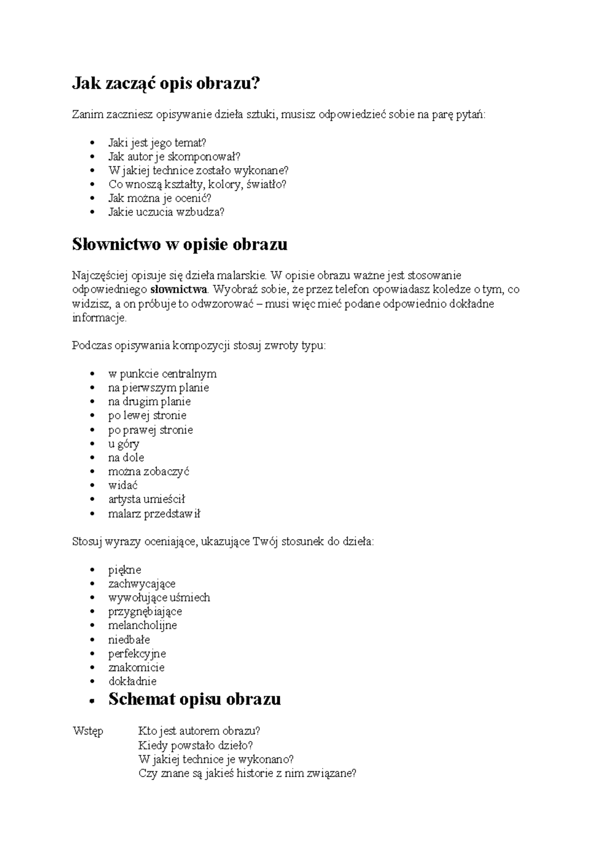 Jak zacząć opis obrazu? - Lektury szkolne i techniki opisu - Studocu