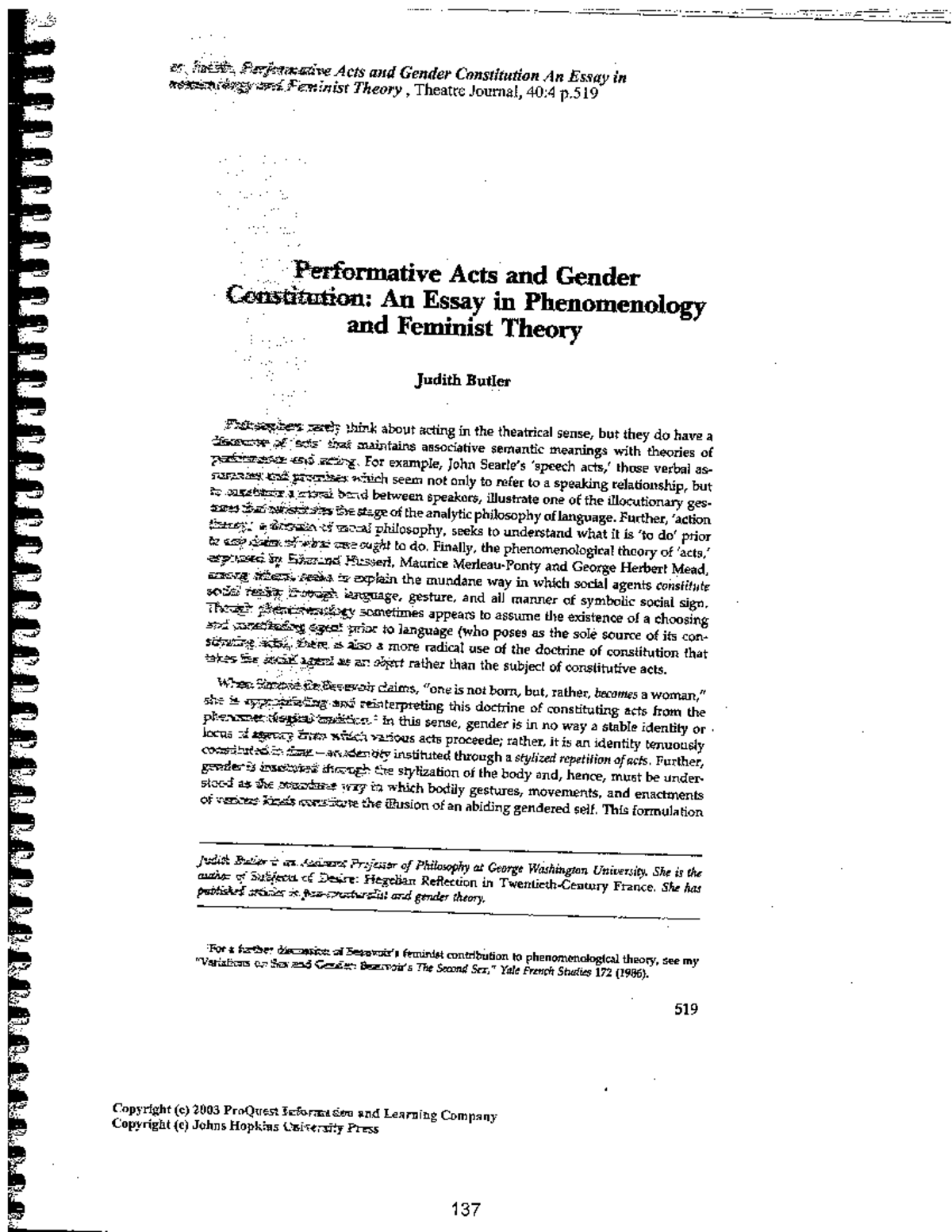 Judith butler performative acts and gender constitution article - er ...