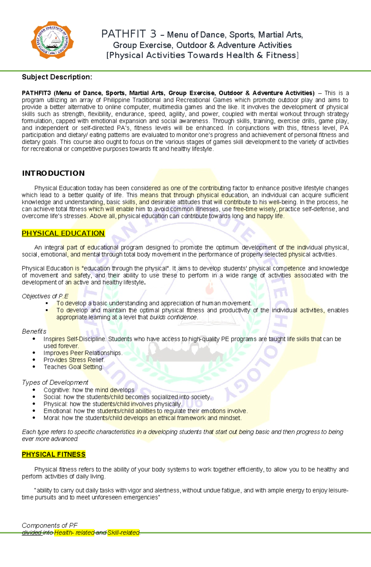 Pathfit-3-1 Final Exam: Understanding Recreational Games & Activities ...