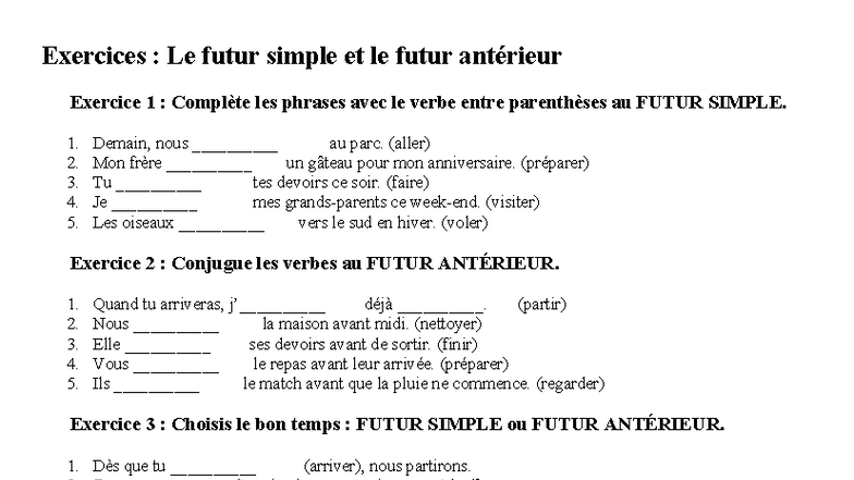 Exercices de Futur Simple et Futur Antérieur - 5ème Année - Studocu