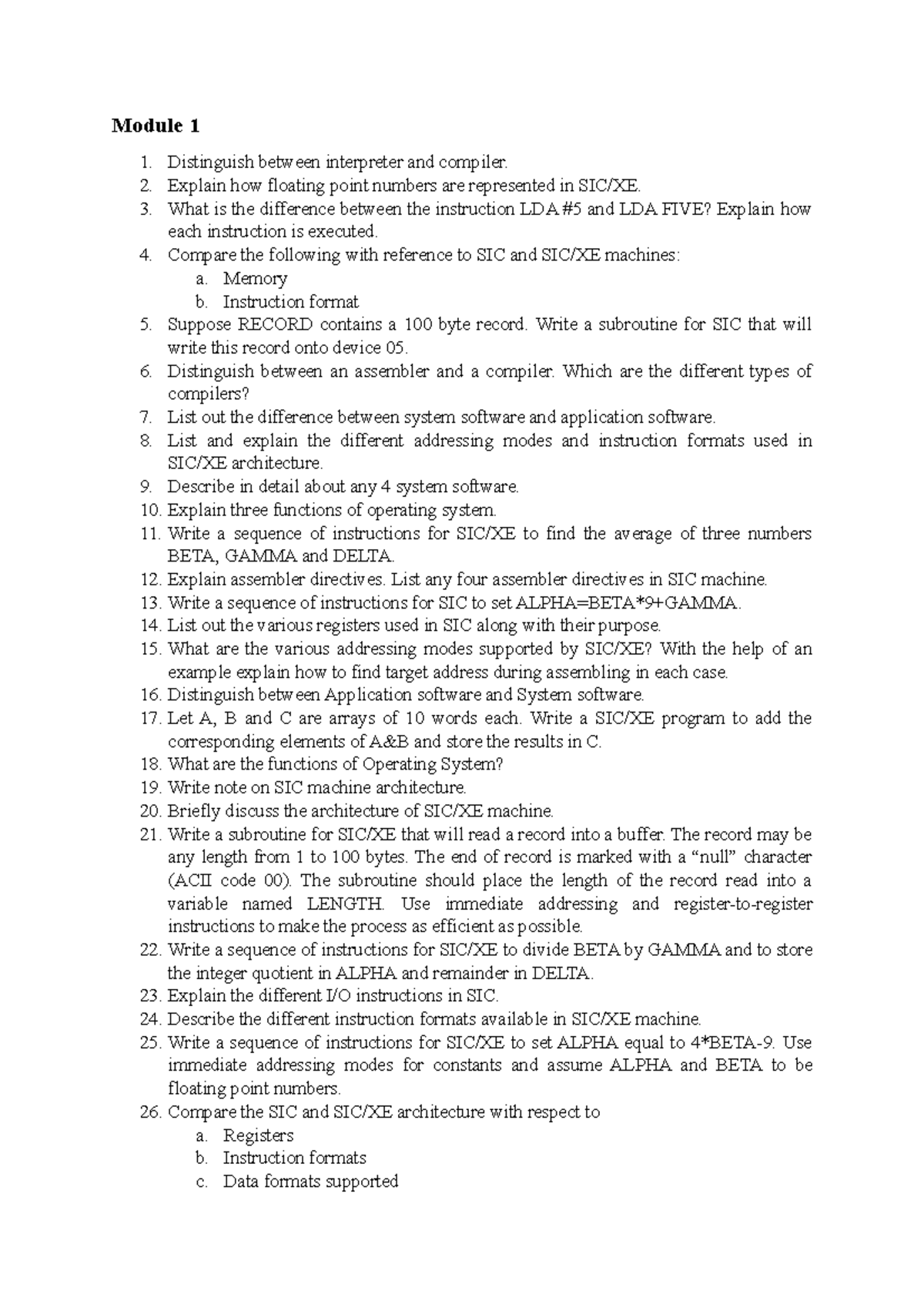 SIC Architecture & Compilers: Comprehensive Question Bank for Module 1 ...
