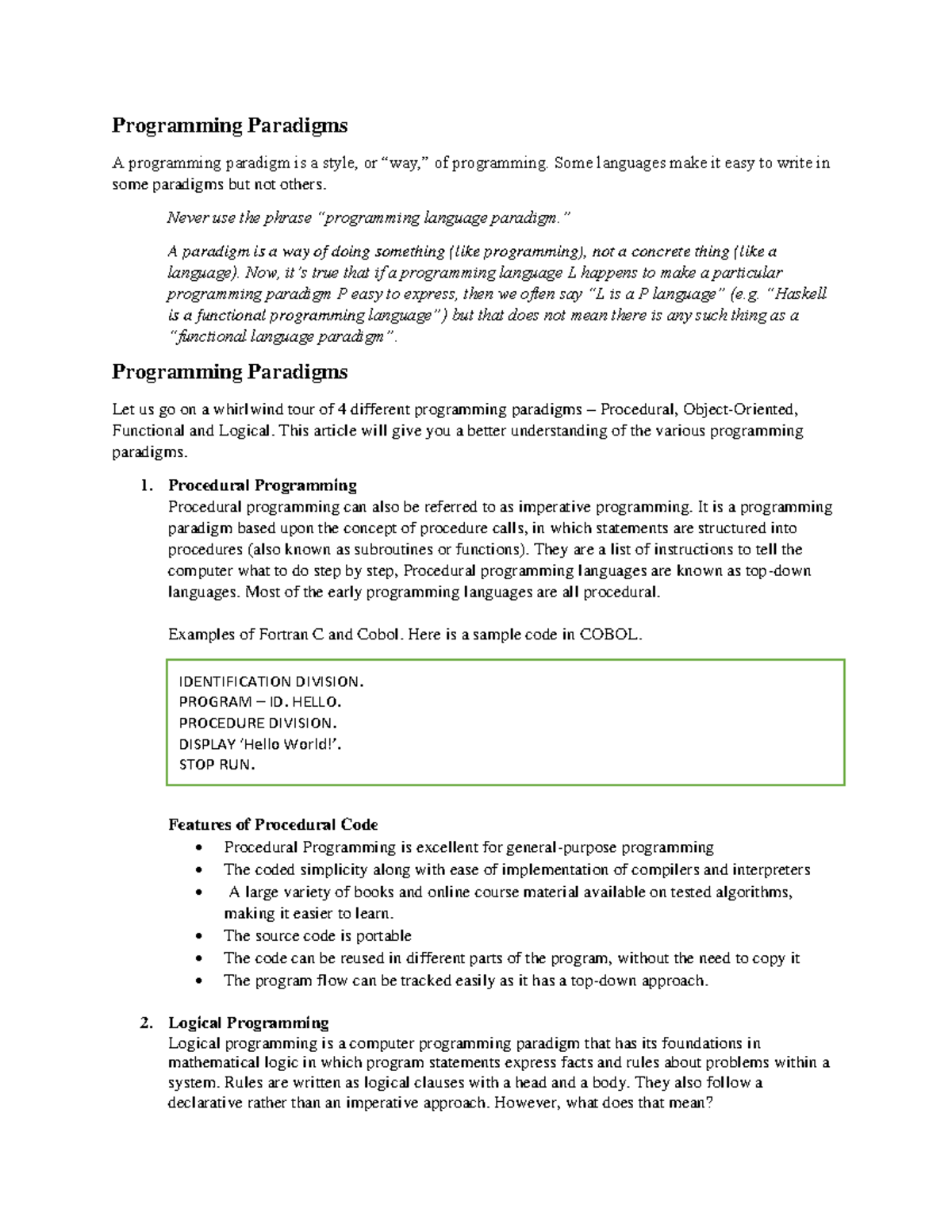 Software Design Programming Constructs - Programming Paradigms A programming paradigm is a style ...