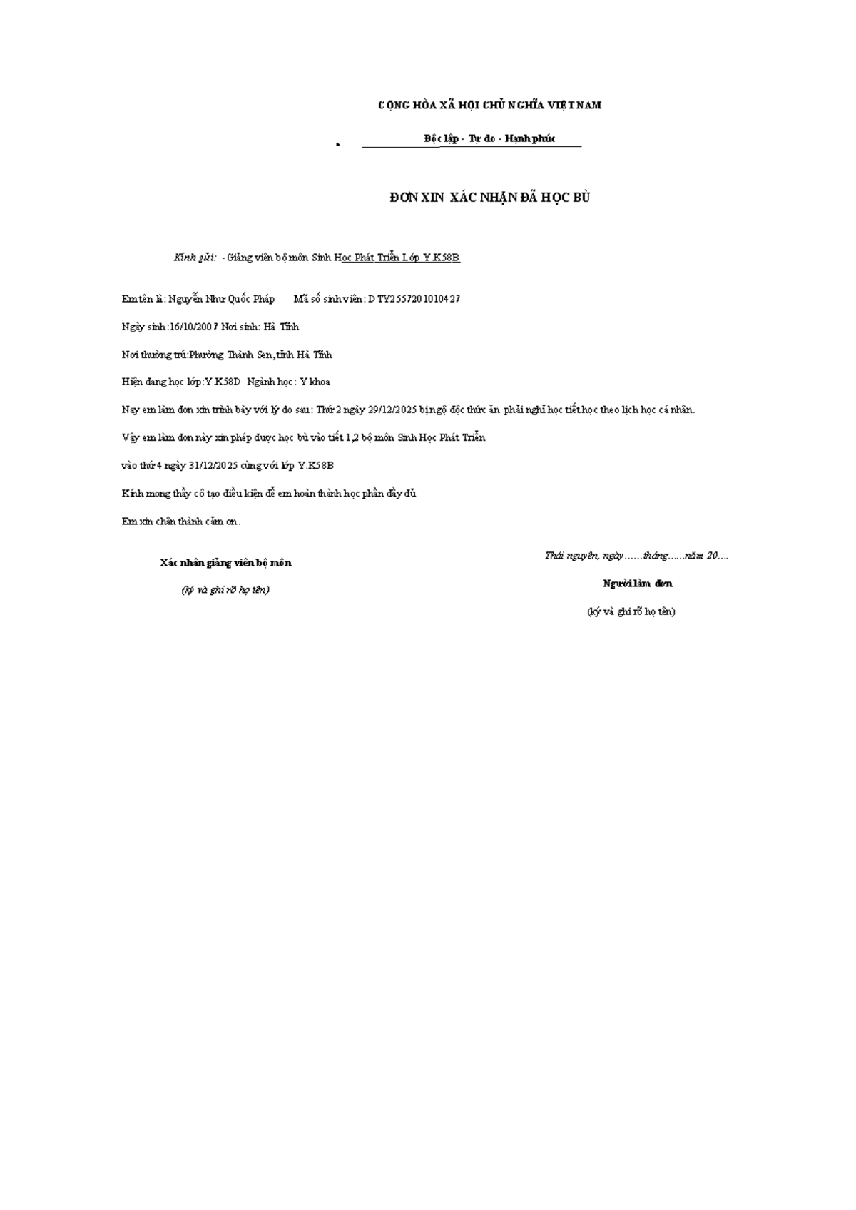 Đơn Xin Phép Học Bù Môn Sinh Học Phát Triển Lớp Y.K58B - Studocu