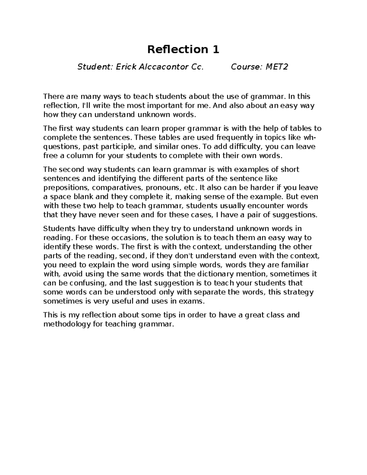 Reflection 1 - MET 3 - Reflection 1 Student: Erick Alccacontor Cc ...