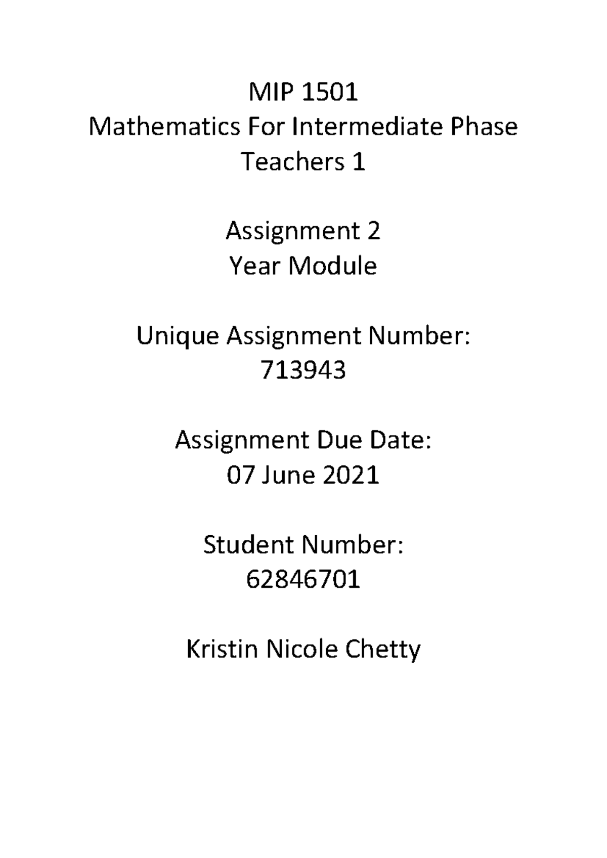 MIP 1501 Assignment 2 - MIP 1501 Mathematics For Intermediate Phase ...