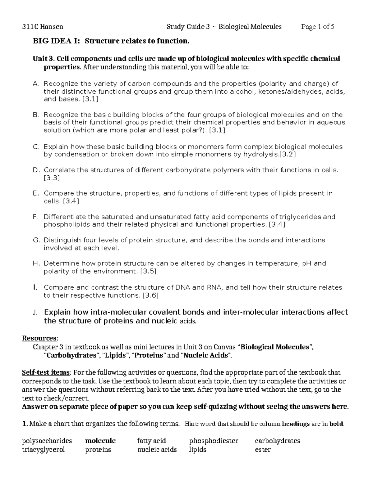 311C Hansen Study Guide 3: Biological Molecules Concepts & Self-Tests ...