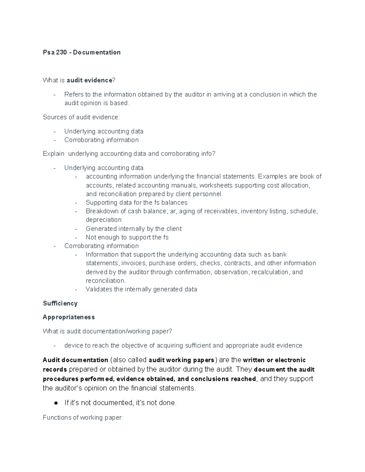 Psa 230 Audit Evidence and Documentation Overview - Studocu
