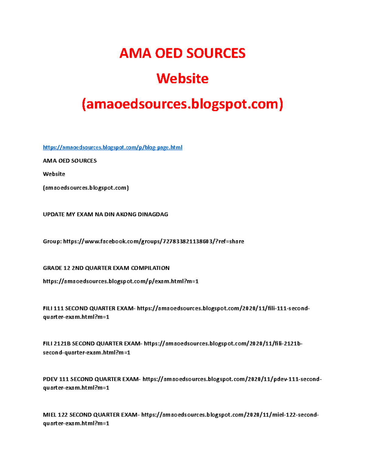 AMA OED Sources: Comprehensive Compilation of Exam Links and Info - Studocu