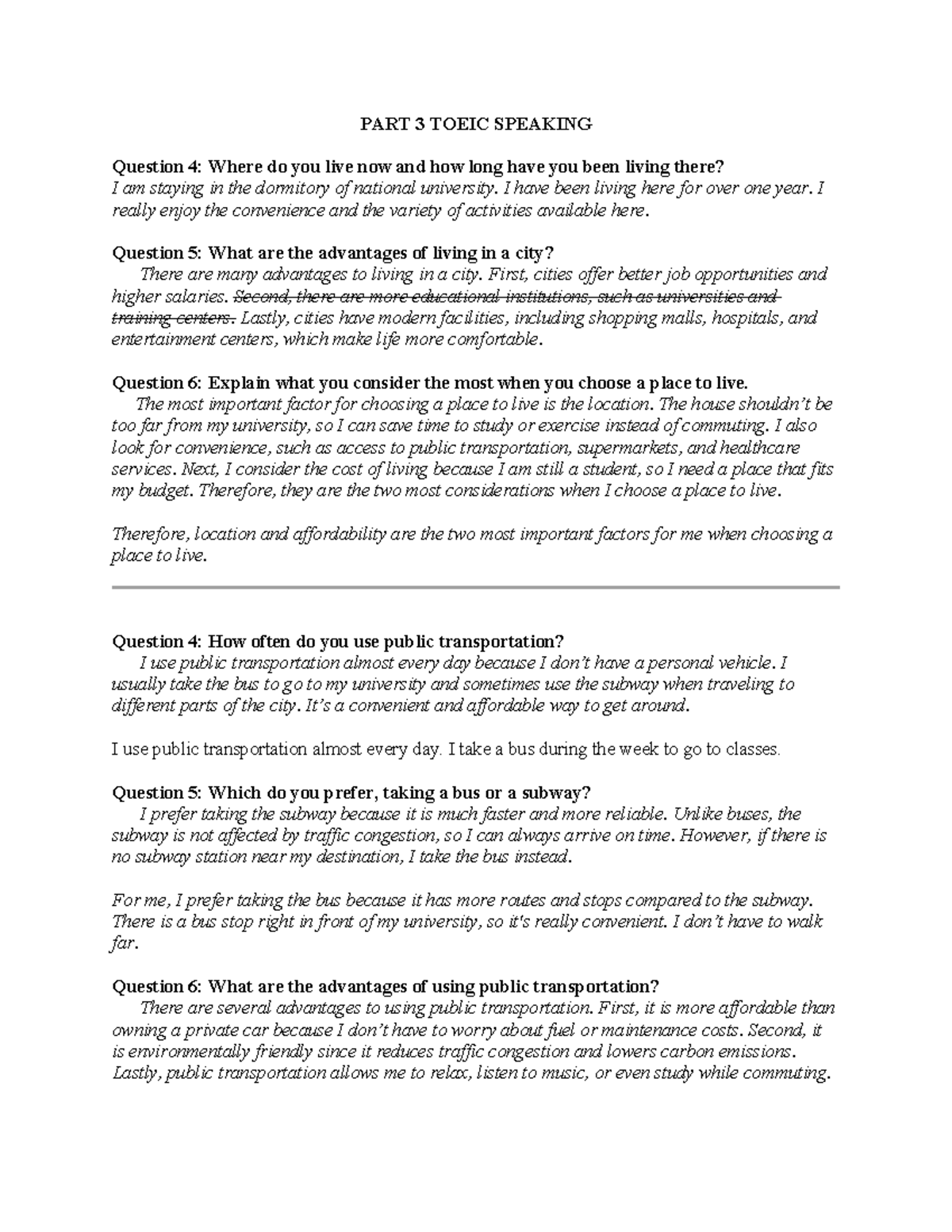 PART 3 TOEIC Speaking: Living Situations, Transportation, and Dining ...