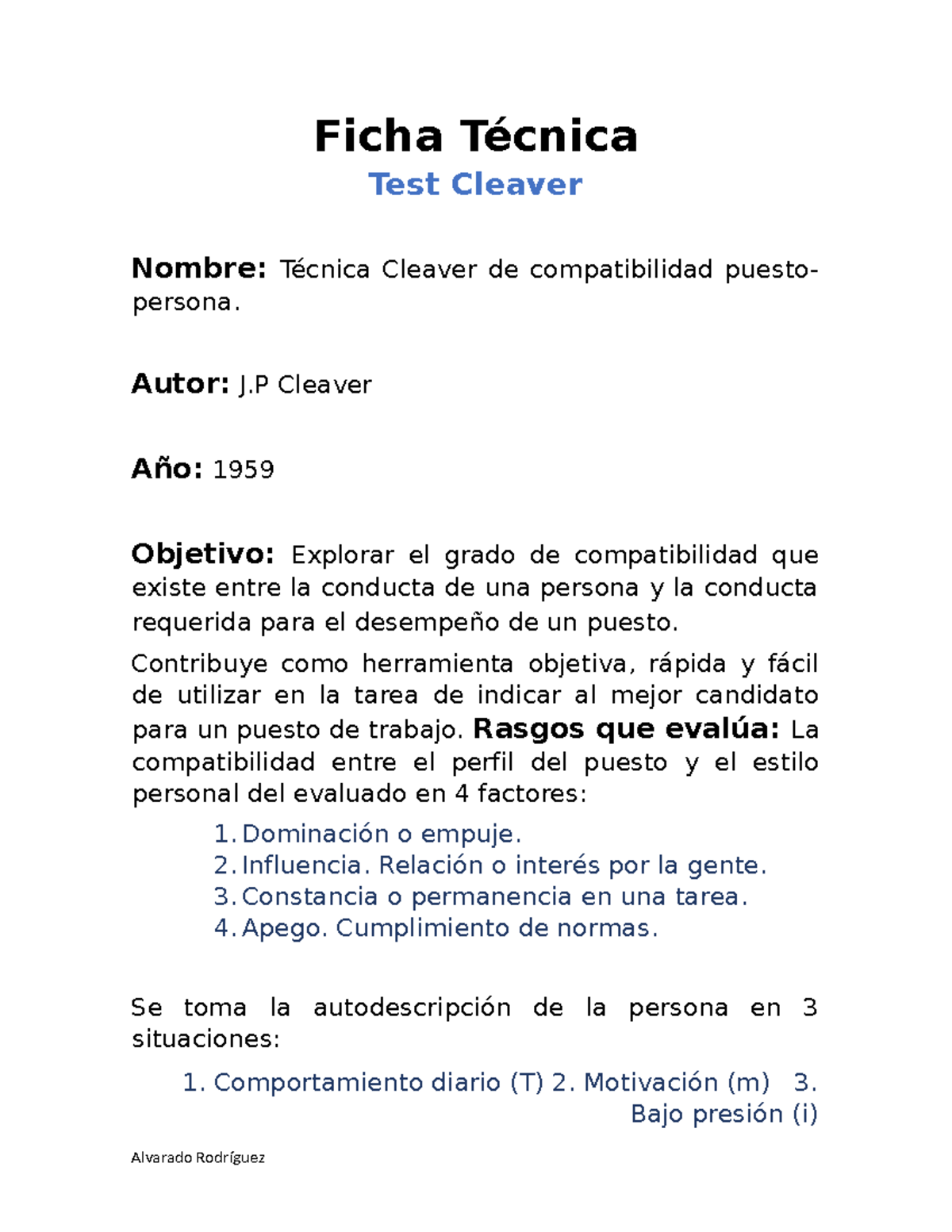 Ficha Técnica de la Técnica Cleaver para Evaluación (1959) - Studocu